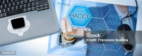 Haccp 비즈니스 관리자가 디지털 디스플레이 및 랩톱 컴퓨터에 대한 아이콘을 가리키는 식품 산업 개념의 식품 안전 및 품질 관리 Haccp에 대한 스톡 사진 및 기타