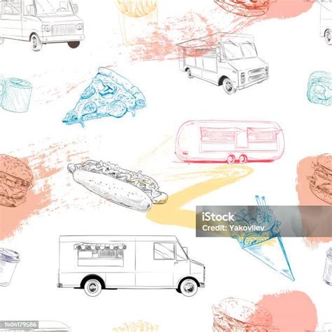 손으로 그린 이음새가 없는 무늬 길거리 음식 푸드 트럭 벡터 일러스트 레이 션 아트 카페에 대한 스톡 벡터 아트 및 기타 이미지 카페 푸드 트럭 감자 요리 Istock