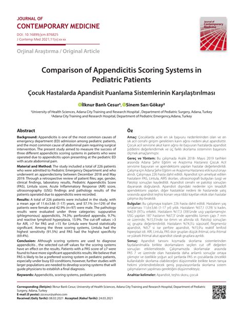 Pdf Comparison Of Appendicitis Scoring Systems In Pediatric Patients