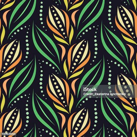 검은 바탕에 밝은 색상에서 추상적인 꽃과 기하학적 요소와 원활한 벡터 장식 패턴 0명에 대한 스톡 벡터 아트 및 기타 이미지 0명 갈매기표 수장 개화기 Istock