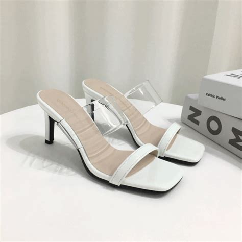 [국내제작 빠른배송] 초특가 스퀘어 Pvc 스트랩 쿠션 뮬 슬리퍼 힐 7cm 에이블리