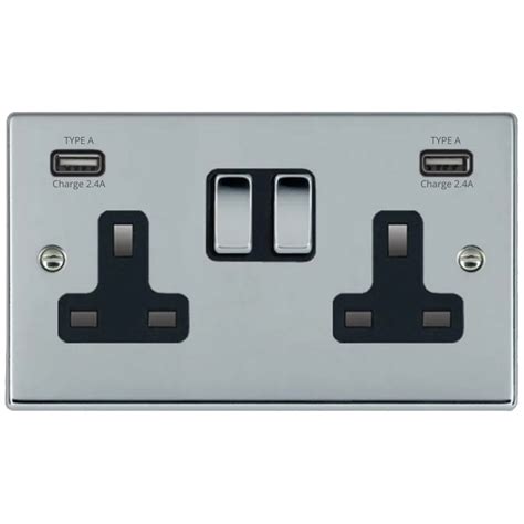 Avenue Slim 13a Double Socket 2 Gang Polished Chrome Black