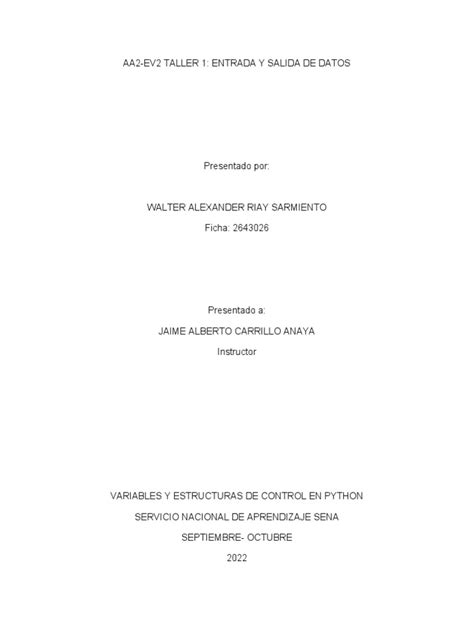 Variables Y Estructuras De Control En Python Aa2 Ev2 Taller 1 Pdf