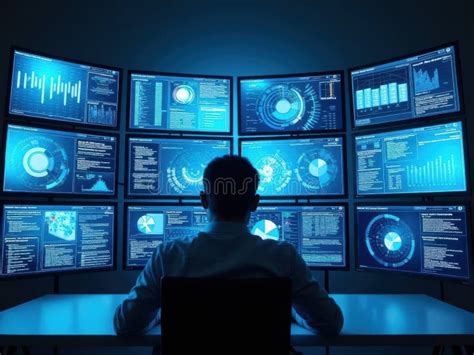 Person Analyzing Data On Multiple Bright Screens With Space For Text