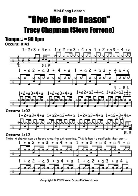 S Free Pdf Drum Notation Teaching Give Me One Reason By Tracy Chapman Get The Drum Chart