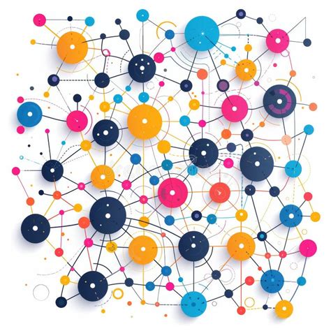 Colorful Network Of Interconnected Nodes In A Digital Landscape Stock Illustration