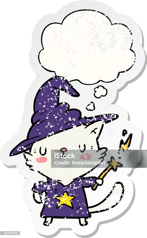 고민 된 낡은 스티커로 생각 거품을 가진 만화 고양이 마법사 경외감에 대한 스톡 벡터 아트 및 기타 이미지 경외감 고양이 새끼 귀여운 Istock