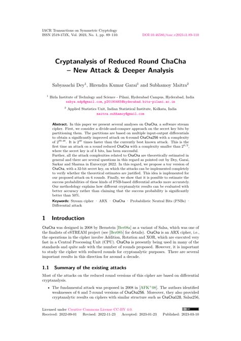 pdf cryptanalysis of reduced round chacha new attack and deeper analysis