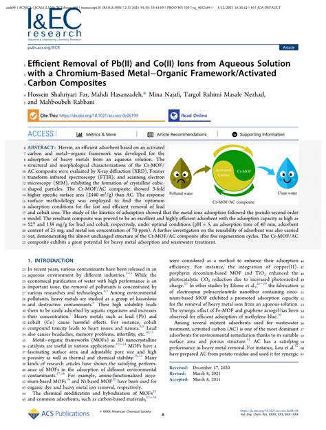Pdf Efficient Removal Of Pbii And Coii Ions From Aqueous Solution With A Chromium Based