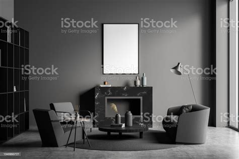 빈 흰색 포스터 안락의자 2 개가있는 어두운 거실 인테리어 0명에 대한 스톡 사진 및 기타 이미지 0명 3차원 형태 가구 Istock