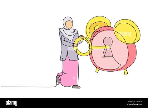Single Continuous Line Drawing Arabian Businesswoman Put Key Into Alarm Clock Wake Up From