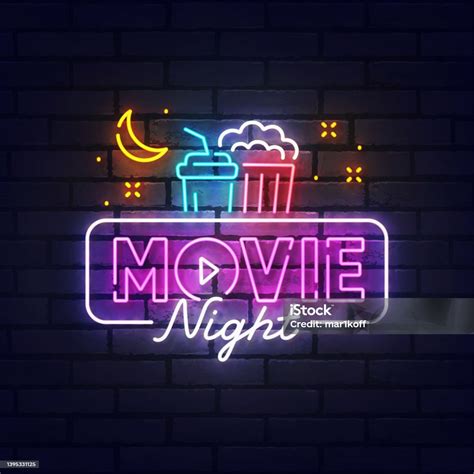 영화 네온 사인 밝은 간판 밝은 배너 영화 밤 로고 네온 엠블럼 벡터 일러스트 레이 션 영화에 대한 스톡 벡터 아트 및 기타 이미지 Istock