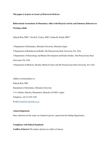 Pdf Bidirectional Associations Of Momentary Affect With Physical Activity And Sedentary