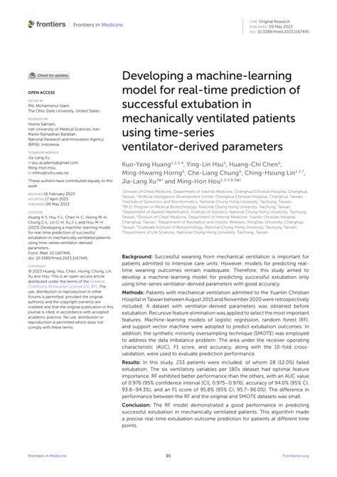 Pdf Developing A Machine Learning Model For Real Time Prediction Of Successful Extubation In