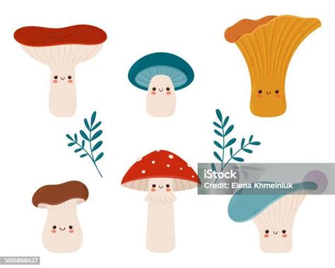 귀여운 버섯 캐릭터 세트입니다 플랫 만화 스타일의 재미있는 버섯 0명에 대한 스톡 벡터 아트 및 기타 이미지 0명 가공의 인물 가을 Istock
