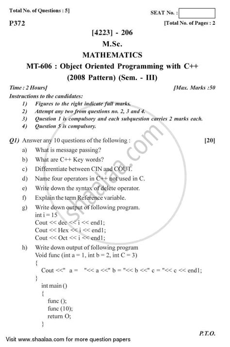 Object Oriented Programming Using C 2012 2013 Msc Mathematics