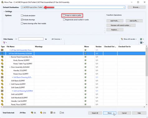 solidworks pdm move tree preserve relative paths option