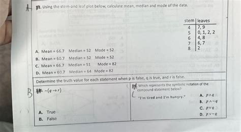Solved 12 Using The Stem And Leaf Plot Below Calculate