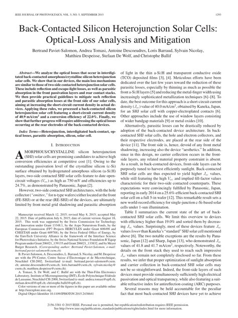 Pdf Back Contacted Silicon Heterojunction Solar Cells Optical Loss Analysis And Mitigation