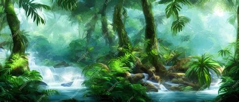 Premium Vector Jungle Waterfall Vector Illustration Fantasy Mystical Fauna Tropical Forest
