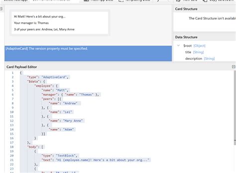unsure how to feed data to an adaptive card · issue 2129 · microsoft botframework composer · github