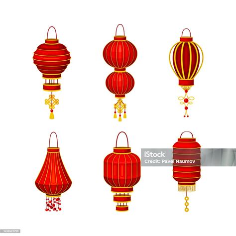 레드 키네즈 랜터 세트 전통적인 아시아 종이 등불 만화 벡터 일러스트 레이 션 랜턴에 대한 스톡 벡터 아트 및 기타 이미지