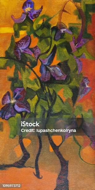 패션 일러스트 레이 션 현대 미술 보라색 클레 마티스의 캔버스 수직 여름 화창한 장식 풍경 꽃 나무에 내 원래 유화 작품 모던 양식에 대한 스톡 벡터 아트 및 기타 이미지