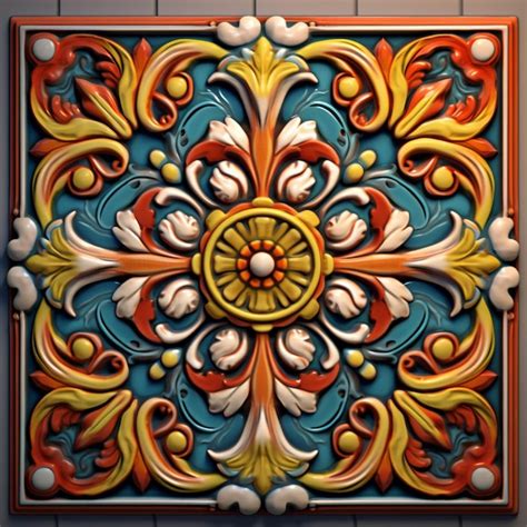 Premium Ai Image Brightly Colored Decorative Tile With A Flower Design On A Wall Generative Ai