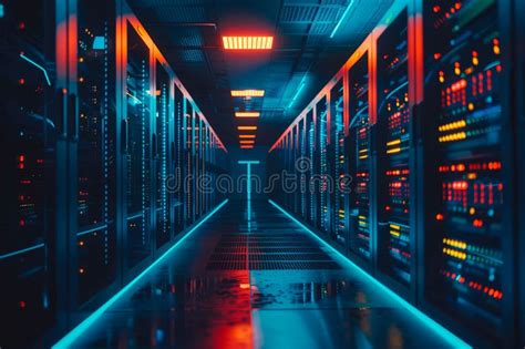 Modern Data Technology Center Server Racks In Dark Room With Vfx Visualization Concept Of