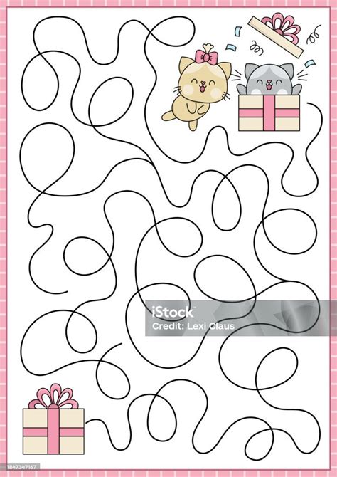아이들을 위한 세인트 발렌타인 데이 미로 귀여운 고양이와 선물로 휴일 유치원 인쇄 가능한 활동을 사랑하십시오 귀여운 소년과 소녀 새끼 고양이와 깜짝 선물이 있는 미로 게임