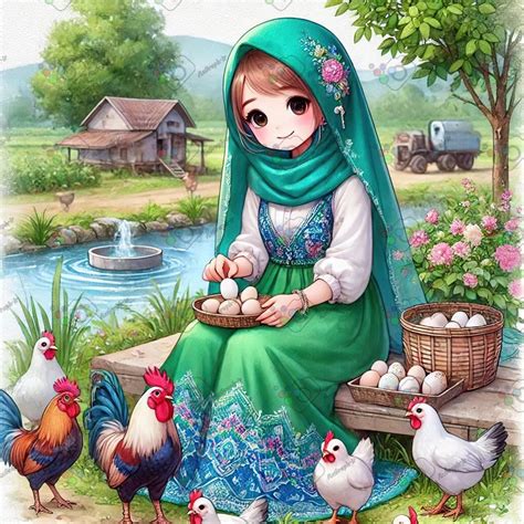 بک گراند کودکانه دختر ناز با حجاب روستایینشسته روی نیمکت چوبی با سبد تخم مرغ در دست کنار مرغ و
