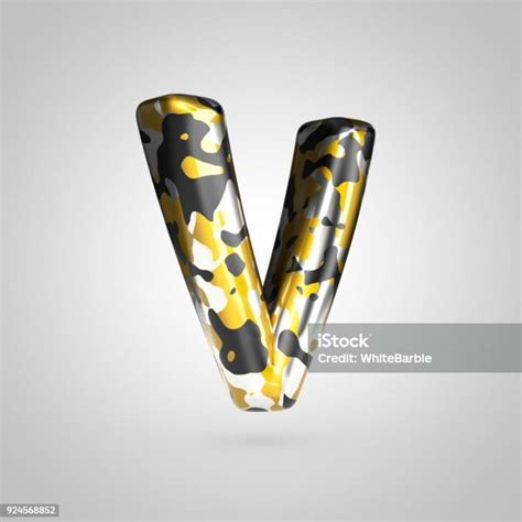 흰색 배경에 고립 된 골든 실버 스프링과 검은 위장 패턴 문자 대문자 V를 위장 0명에 대한 스톡 사진 및 기타 이미지 0명 3차원 형태 검은색 Istock