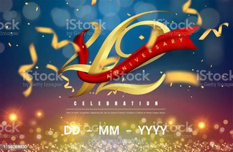 금과 파란색 배경에 42 주년 기념 로고 템플릿 빨간색 리본 벡터와 색종이 고립 된 디자인 요소로 황금 숫자를 축하하는 42 번째 광고에 대한 스톡 벡터 아트 및 기타