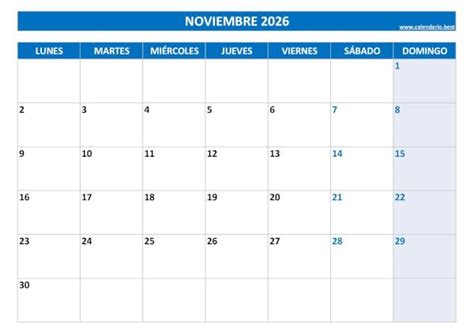 Calendario De Noviembre De 2026 Para Imprimir Pdf Y 