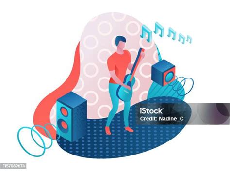 기타 플레이어 3d 등각 투영 인포 그래픽 일러스트레이션 축제에서 록 음악을 연주하는 남자 콘서트 쇼 포스터 템플릿 색상 아이콘 3차원 형태에 대한 스톡 벡터 아트 및 기타