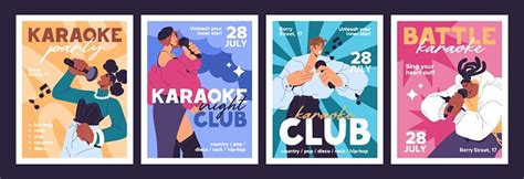 가라오케 이벤트 포스터 세트의 디자인 클럽에서 마이크를 가진 가수의 공연에 대한 광고 템플릿 무대에서 마이크를 들고 노래를 부르는 사람들과 함께 하는 프로모션 레이아웃 플랫