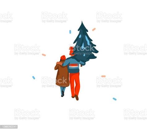 손으로 그린 벡터 추상 재미 주식 플랫 메리 크리스마스 그리고 크리스마스 부부의 일러스트와 함께 새해 만화 카드 함께 구입하고 흰색 배경에 고립 된 집 크리스마스 나무를