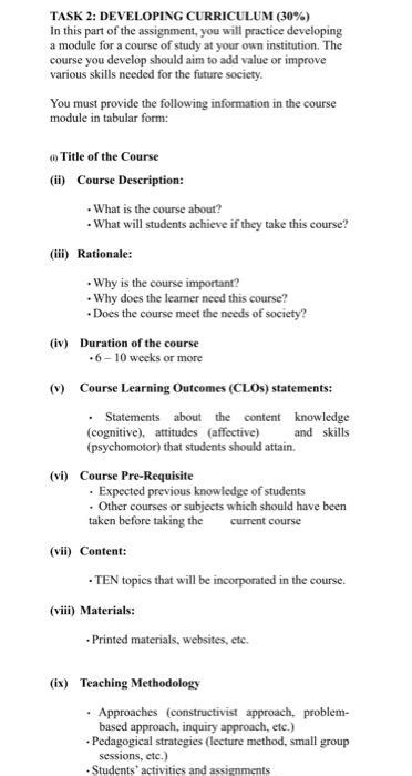 Solved Task 2 Developing Curriculum 30 In This Part Of