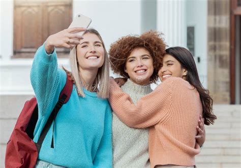 Women Babes Selfie And Smile With Hug At College Campus For Goals Diversity And Social