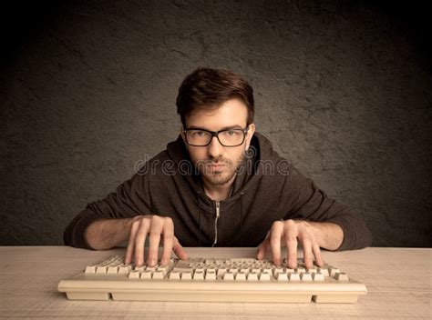 Computer Geek Typing On Keyboard Stock Image Image Of Funny Hackers