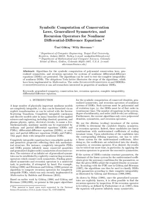 pdf symbolic computation of conservation laws generalized symmetries