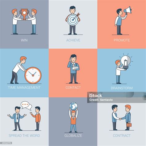 선형 평면 비즈니스 사람과 개체 상황 벡터 일러스트 레이 션 비즈니스 마케팅 프로 모션 개념입니다 승리 달성 홍보 시간 관리