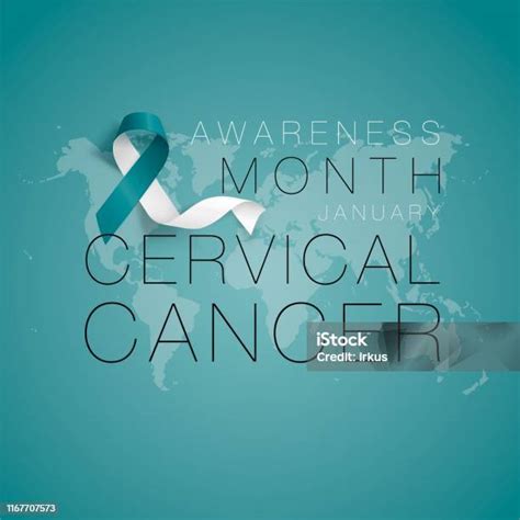 자궁 경부암 인식 서예 포스터 디자인 현실적인 청록과 흰색 리본입니다 1월은 암 인식의 달입니다 벡터 그림 0명에 대한 스톡