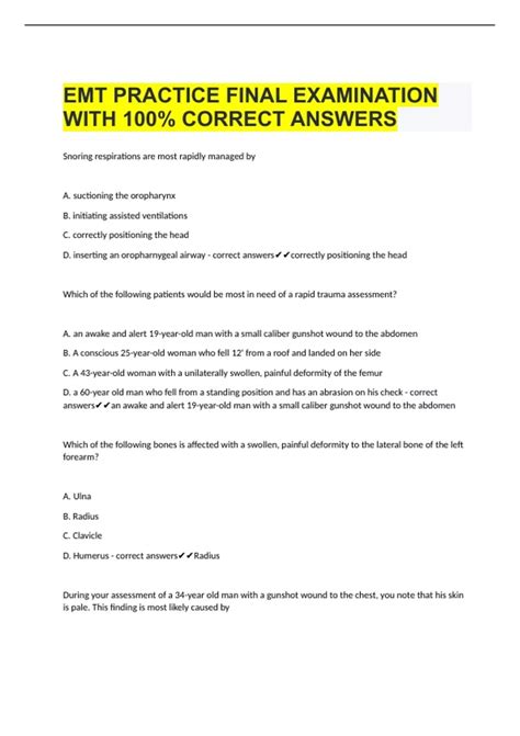Emt Practice Final Examination With 100 Correct Answers Emt Stuvia Us