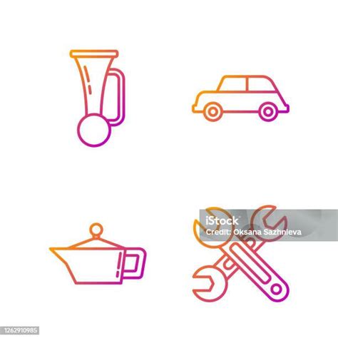 세트 라인 렌치 모터 머신 오일캐니스터 차량 및 자동차의 신호 경적 그라데이션 색상 아이콘입니다 벡터 갤런에 대한 스톡 벡터