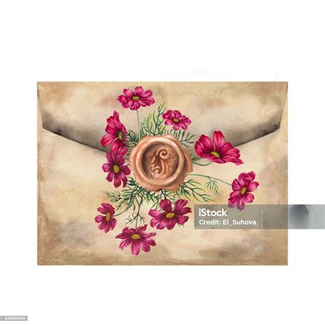 분홍색 꽃다발이 있는 빈티지 종이 봉투를 만드세요 어머니의 날 발렌타인 데이 역사 스크랩북 아로마 테라피 편지 마술 카드에 대한 수채화 그림 템플릿 가든코스모스에 대한 스톡