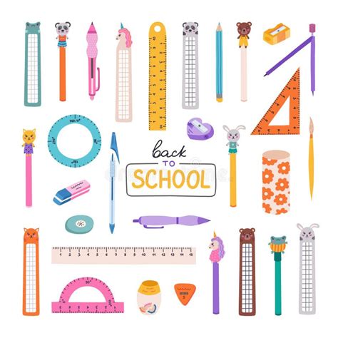 Big Set Of Cute Hand Drawn Back To School Stationery In Cartoon Style Collection Of Rulers