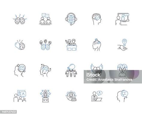 마음의 틀 라인 아이콘 컬렉션입니다 기분 태도 관점 전망 사고 방식 성향 사고 방식 벡터 및 선형 그림 감정적 기질적 심리적 개요 표지판 세트 아이콘에 대한 스톡 벡터 아트