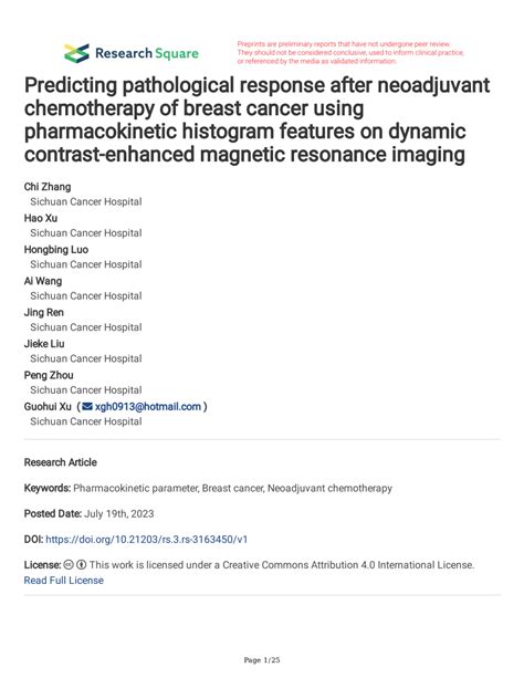 Pdf Predicting Pathological Response After Neoadjuvant Chemotherapy Of Breast Cancer Using