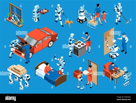 Isometric Robot Assistant Set Robots Help Humans In Daily Routine Tasks And In Specific Complex